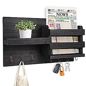 SLLPL Wood Mail Organizer Wall-Mounted - Mail Holder with Key Hooks, Key Holder for Wall Decorative, Mail and Key Holder with Shelf for Leash and Bills, Rustic Mail Sorter for Entryway, Black