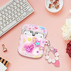 Mainrenka Cute Star Airpod Case with Keychain Aesthetic Kawaii Airpods 2nd/1st Generation Case Cover for Women Girl