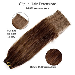 Clip in Hair Extensions, Chocolate Brown to Auburn Clip in Hair Extensions Real Human Hair Clip ins, 18 Inch 7 Pieces 70G Double Weft Straight Remy Human Hair Clip in Extensions