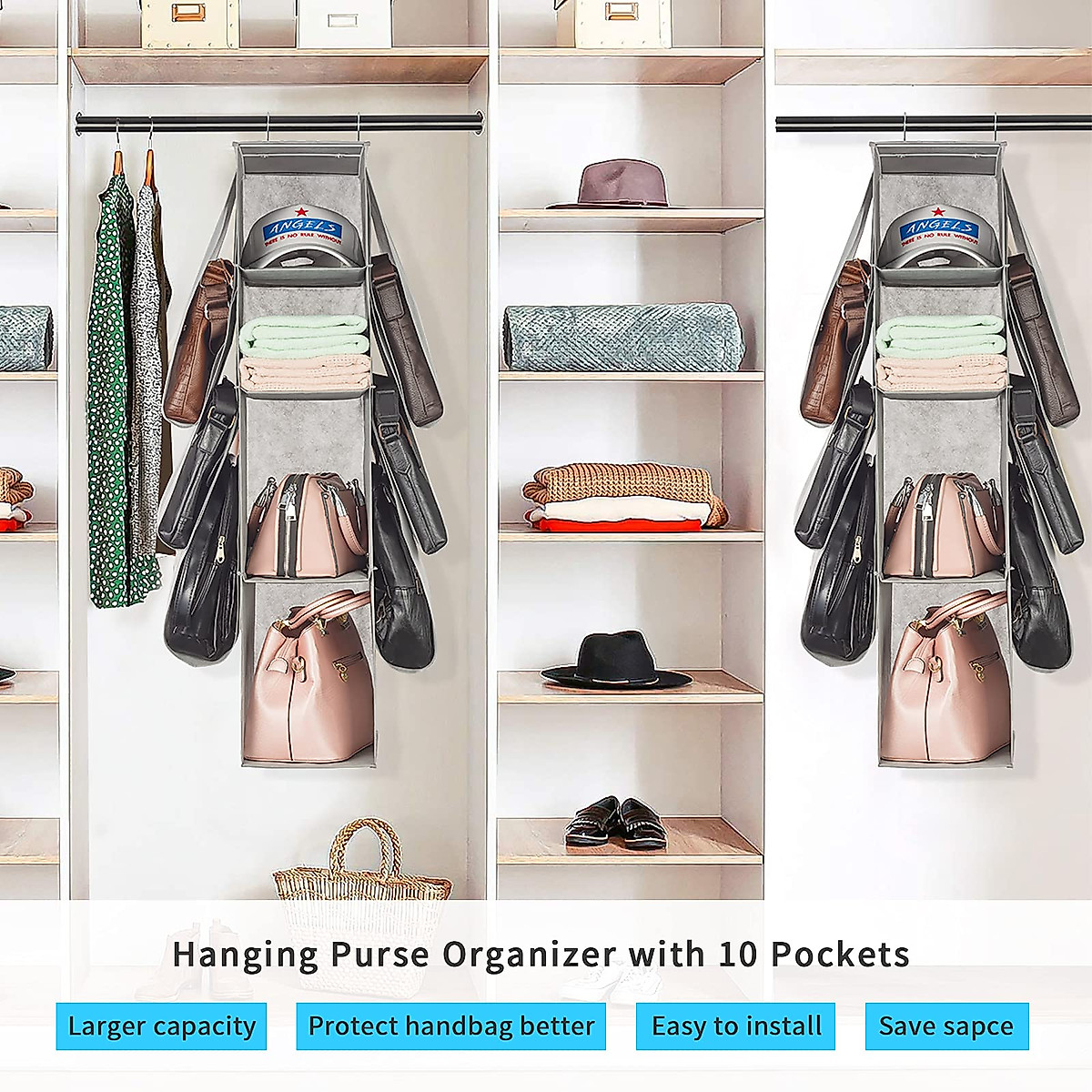 REGELETO Purse Organizer for Closet with 10 Pockets, Breathable Handbag Organizer Storage for Handbags Purses, Clothes and Other Accessories (Grey)