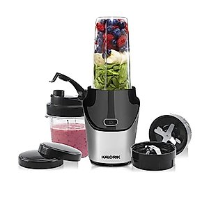 Kalorik NBL 45545 Bullet Blender Set (34 oz | 15.2 oz) High-Speed Portable Fitness Blender Set with Personal Blending Cup, Grinding Cup, Seal Lids, & To-Go Lid | 1000W | Black & Stainless Steel