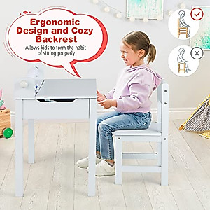 INFANS Kids Table and Chair Set with Paper Roll, Wooden Lift-top Desk for Toddler Writing Drawing Reading Craft Art, Children Furniture Activity Table Set for Nursery Daycare Playroom (Grey)