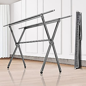 HWAJAN 90 Inches Folding Clothes Drying Rack Indoor Outdoor-Aluminum Collapsible Clothing Drying Racks for Laundry-Heavy Duty Foldable Clothes Dryer Rack with 42 Windproof Hooks,Large,Grey