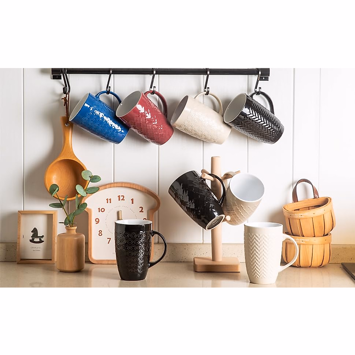 AmorArc Large Coffee Mugs Set of 6, 16oz Ceramic Tall Coffee Mugs Set with Textured Geometric Patterns for Coffee/Tea/Beer/Hot Cocoa, Dishwasher & Microwave Safe, Black