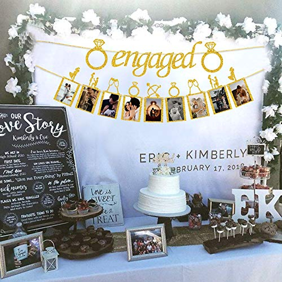 Engagement Wedding Decorations, Gold Engaged Banner and Photo Banner with Romantic Memories Picture Card Frames for Engaged / Wedding / Anniversary / Valentines Day Party