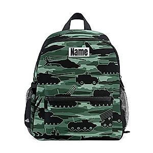 Glaphy Custom Kid's Name Backpack, Green Camo Tank Plane Toddler Backpack for Daycare Travel, Personalized Name Preschool Bookbags for Boys Girls Kids