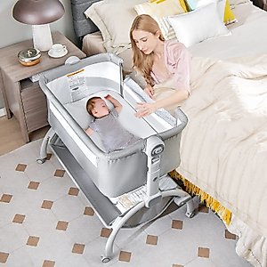 INFANS 3 in 1 Baby Bassinet, Bedside Sleeper, Rocking Cradle, Easy Folding Portable Safer Co-Sleeping Crib with Height Angle Adjustable, Wheels Storage Basket Travel Bag for Infant Newborn (Gray)