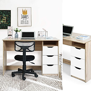 warmcentre Computer Desk, 43.3 Home Office Desk with 3 Drawer & Shelves Sturdy PC Table Workstation Modern Simple Style Writing Gaming Desk with Storage for Small Spaces, Easy to Assemble, Beech