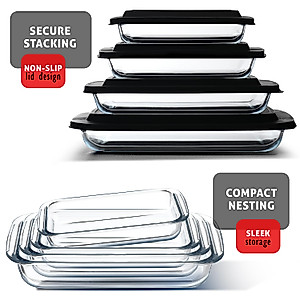Eatex 4-Pack Glass Food Storage Containers with Lids, Baking Pans Set, Glass Baking Dishes for Oven | Leakproof Casserole Dish Lasagna Pan, Kitchen Serving Dishes| Oven Microwave Freezer Safe Bakeware