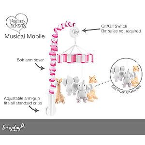 Precious Moments Noah’s Ark Baby Musical Crib Mobile for Girls with Soft Lullaby; Baby Elephant and Giraffe Safari Nursery Décor; Bright and Light Pink, Gray and White Baby Mobile Crib Toy with Music