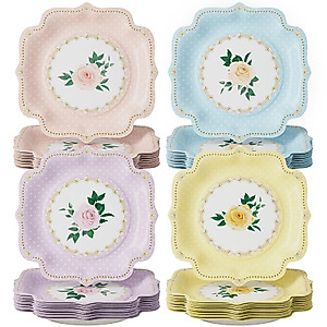 DNBOD 48 Count Vintage Style Floral Paper Plates, 9Inch Pastel Color Flower Disposable Tableware for Spring Garden Wedding Birthday Bridal Shower Tea Party Table Decorations
