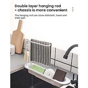 UUPOI Telescopic Sink Storage Rack, Expandable Dish Caddy Drying Rack, Drain Basket Tray Caddy Shelf Scrubber, Retractable Rack for Kitchen and Bathroom, Black