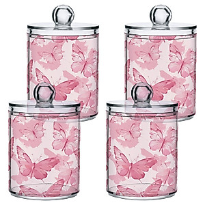 Msyxl 2 Pack Pink Butterflies Apothecary Jars with Lid, Qtip Holder Storage Containers for Cotton Ball, Swabs, Pads, Clear Plastic Canisters for Bathroom Vanity Organization (10 Oz)