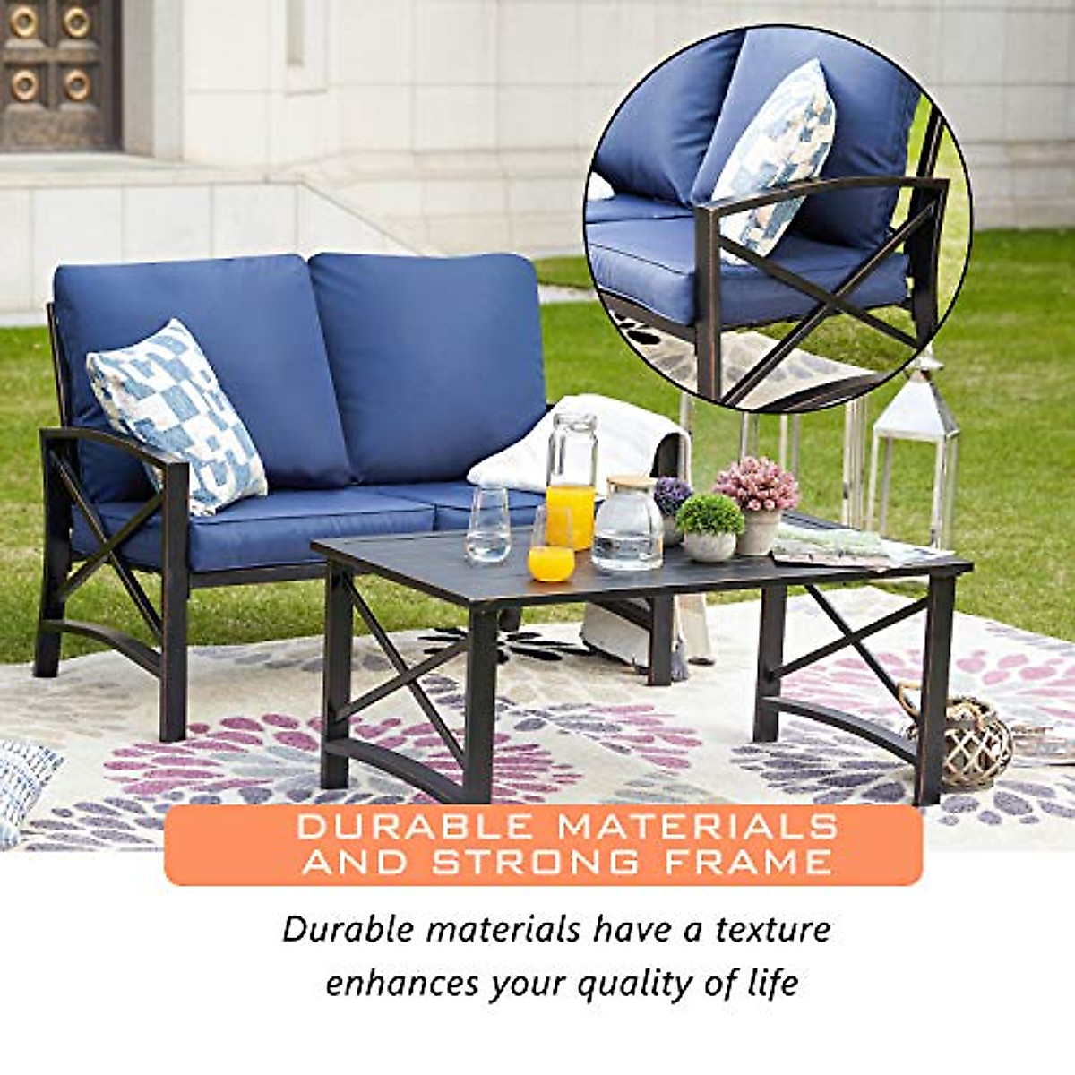 LOKATSE HOME 2 Pieces Patio Loveseat Metal Frame with Coffee Table Outdoor Bistro Furniture Set for Lawn Porch Garden Yard Poolside, Blue
