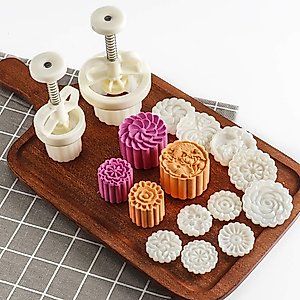 Moon Cake Mold Set Chinese Mid-autumn Festival 5pcs 35g Cookie Stamps + 5pcs 83g Cookie Press Mooncake Mold, Thickness Adjustable DIY Decoration Hand Press Cutter Cake Mold