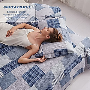 Bedspread Set Queen/Full Size Plaid Quilt Bedding Queen Grey Blue Patchwork Modern Lightweight Quilt Bedspread Home Reversible Coverlet-Soft Polyester 3 Piece Quilt Set Collection