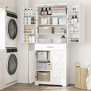 Hzuaneri 72" Kitchen Pantry Storage Cabinet, Tall Pantry Cabinet with Barn Doors & 7 Adjustable Shelves, Drawer, Freestanding Buffet Cupboards Sideboard for Kitchen, Dining Room, White PT02403X