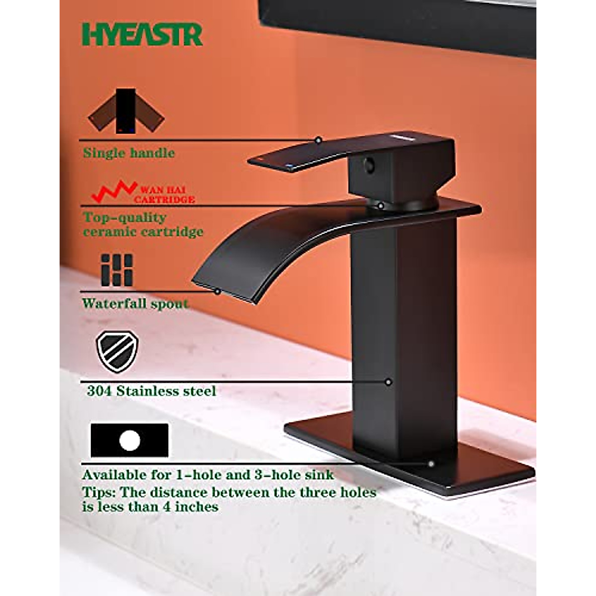 HYEASTR Waterfall Bathroom Faucet Single Handle Bathroom Sink Faucet with Overflow Pop Up Drain & Supply Lines Matte Black 1 Hole