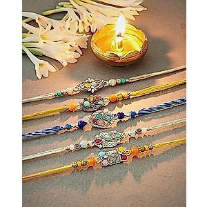 Eximious India Set of 5 Rakhi For Brother With Card Metal Pendant For Raksha Bandhan Designer Rakhi Thread for Bhaiya (Set of 5-1)