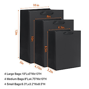 QIELSER 12 Pack Black Gift Bags with Ribbon Handles, Kraft Paper Gift Bags 3 Different Sizes in 8.5", 10" and 13" for Party Favor, Wedding, Retail Merchandise, Baby Shower, Christmas