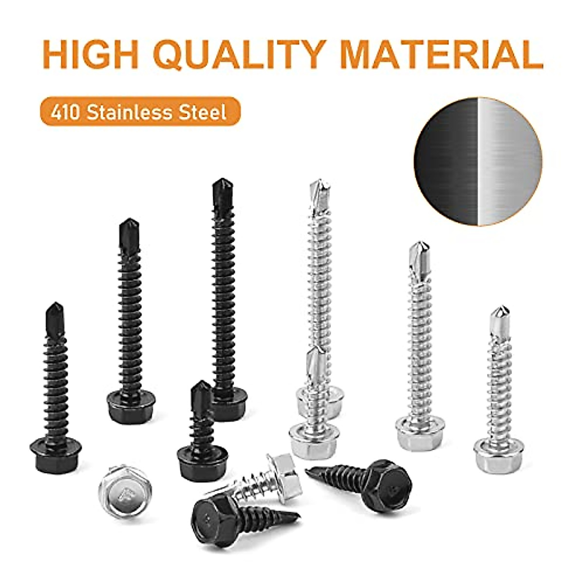 VIGRUE 410 Stainless Steel 360 Pieces Self Tapping TEK Screw Assortment, #8 Hex Washer Head Self Drilling Screws Full Thread Sheet Screw Kit for Metal