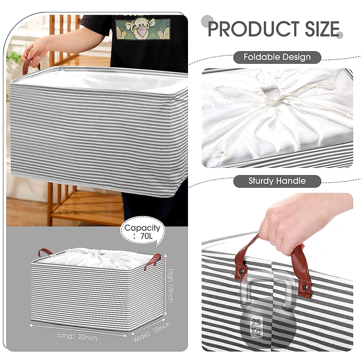 8 Pack 70l Extra Large Storage Bins Closet Organizers and Storage Large Blanket Basket for Shelves Canvas Storage Bin with Handle and Drawstring Cover for Clothing Comforters Toys, 22 x 15 x 13 Inch