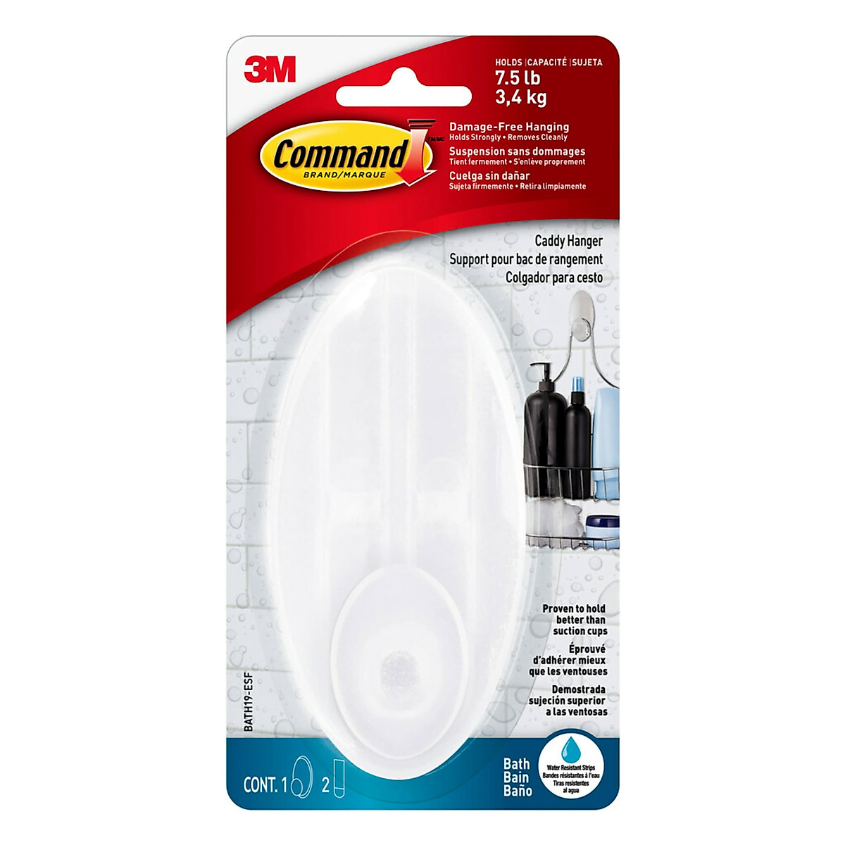 Command Caddy Hanger with Water-Resistant Adhesive Strips, Bathroom Organizer for Hanging Shower Caddy, 1 Shower Hook with 2 Command Strips