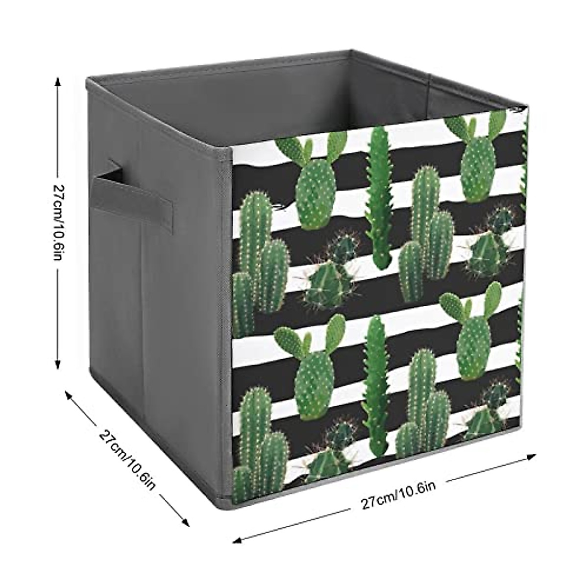 Cactus On Stripes Canvas Collapsible Storage Bins Cube Organizer Baskets with Handles for Home Office Car