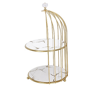 Double Layer Storage Shelf, Glass Bottom Plate Wear Gold Frame Bird Cage Organizer Rack for Bathroom Countertop (White Base Gold Pattern)