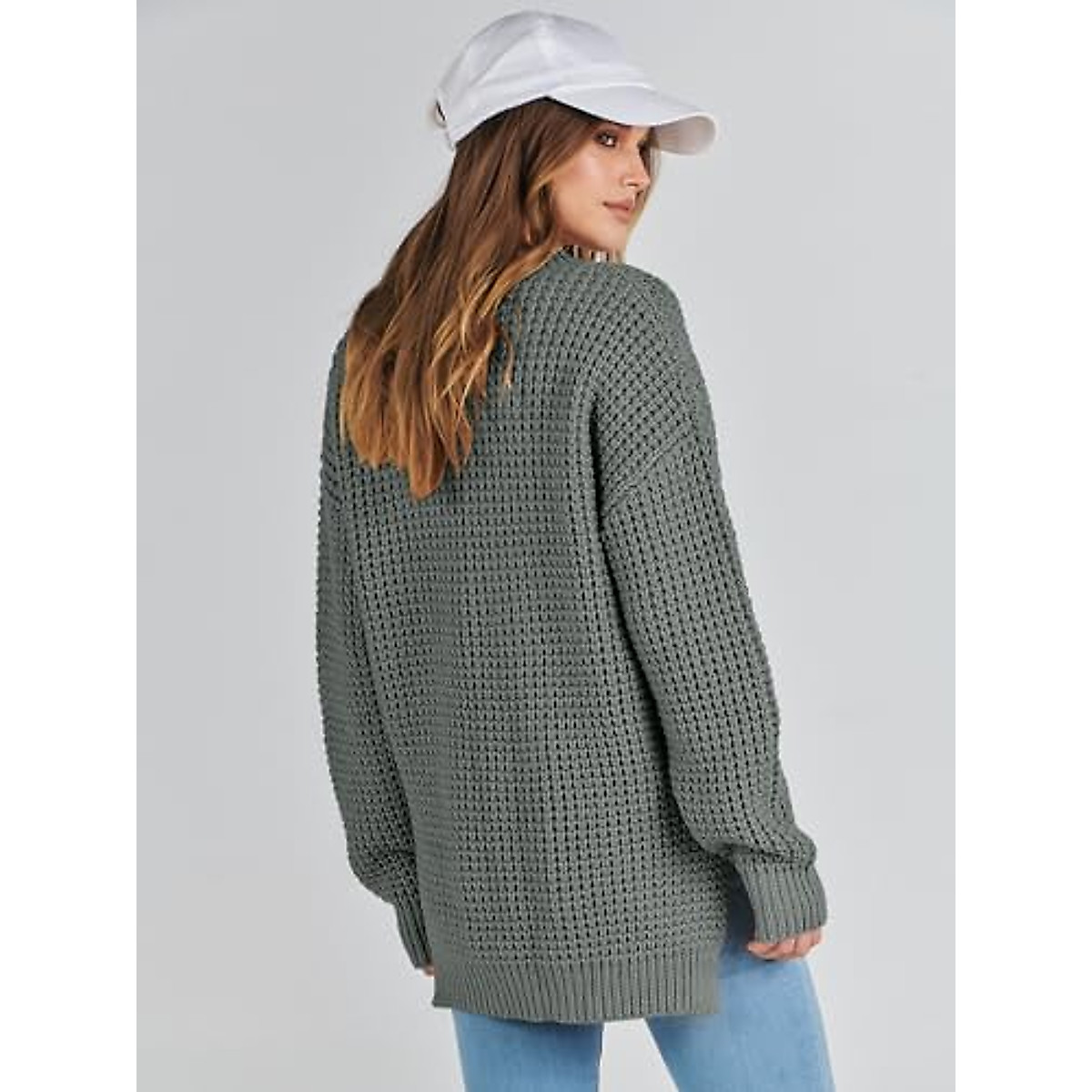 ANRABESS Womens Oversized Sweater Long Sleeve Loose V Neck Button Jumper Casual Waffle Side Slit Knit Pullover 2024 Clothes X-Large Gray Green