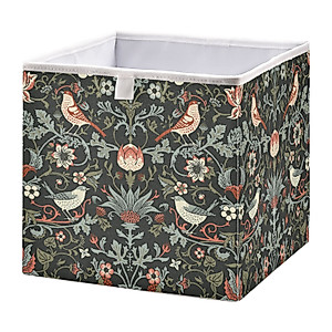 Oyihfvs William Morris Flowers Birds On Dark Rectangular Collapsible Open Storage Bins, Foldable Toy Nursery Basket Bin Cloth Cube Organizer with Handles for Shelves Closet