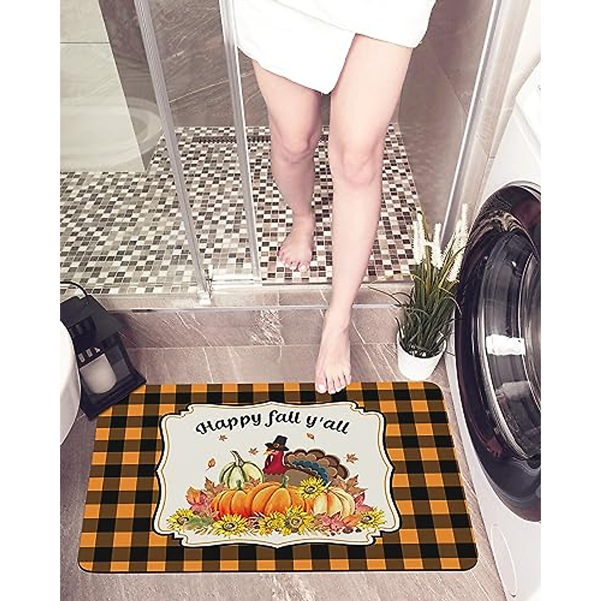 Bathroom Floor Shower Mat, Non-Slip Small Rugs - Easy to Clean, Thanksgiving Turkey Fall Pumpkin and Sunflowers Durable Bath Rug 18"x30" Washable Quick Dry Diatomaceous Earth Mats for Bathtubs