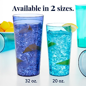 US Acrylic Café 20-ounce Plastic Restaurant Style Lightweight Stackable Beverage Tumblers | Reusable, BPA-free, Made in the USA, Top-rack Dishwasher Safe | Water Cups set of 16 in 4 Coastal Colors