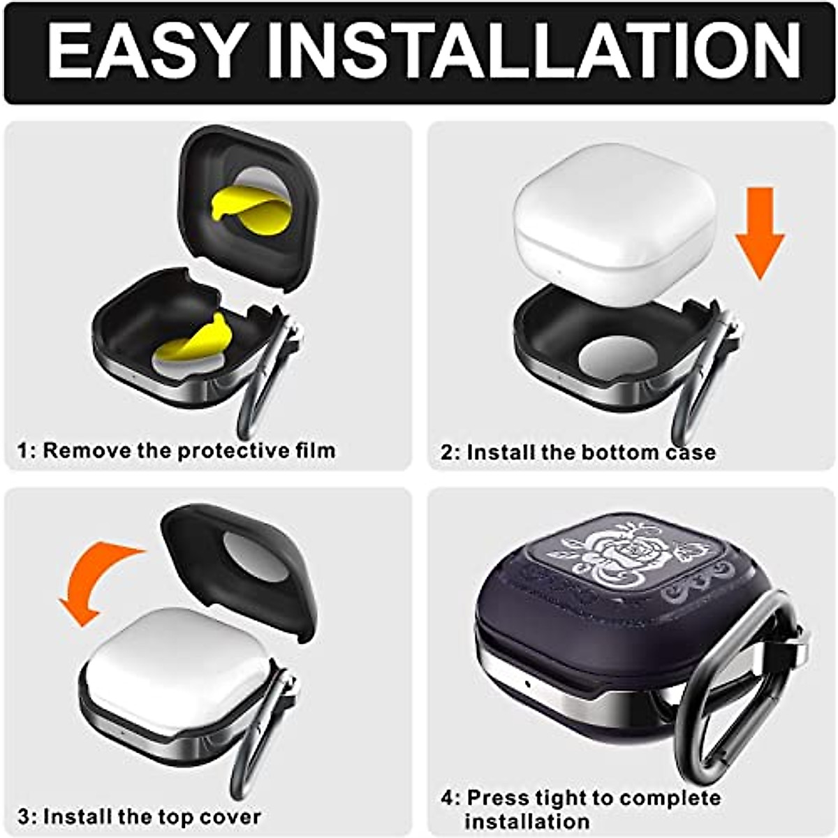 ATIMIRA TPU Rose Carving Case with Buckle Compatible with Galaxy Buds FE Case 2023 Galaxy Buds 2 Pro Case 2022/ Galaxy Buds 2 Case 2021/ Galaxy Buds Pro Case 2021/ Buds Live Case 2020,Black-Purple