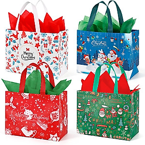 Large Christmas Gift Bags with Tissue Paper,12 Pack Reusable Xmas Gift Bags With Handle Christmas Bag Bulk Non-Woven Holiday Gift Bags Christmas Treat Baskets Party Supplies 12.2" x 9.8" x 4.5"