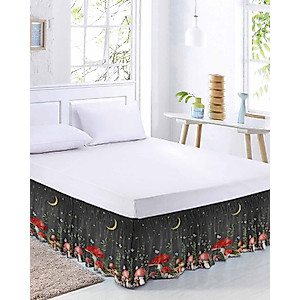 Moon Mushroom Bed Skirt Queen Size 18 Inch Drop, Adjustable & Elastic Wrap Around Bed Skirts Pleated Luxury Dust Ruffles for Twin Full Queen Cal King Base Bed, Star Eucalyptus Leaves Flower