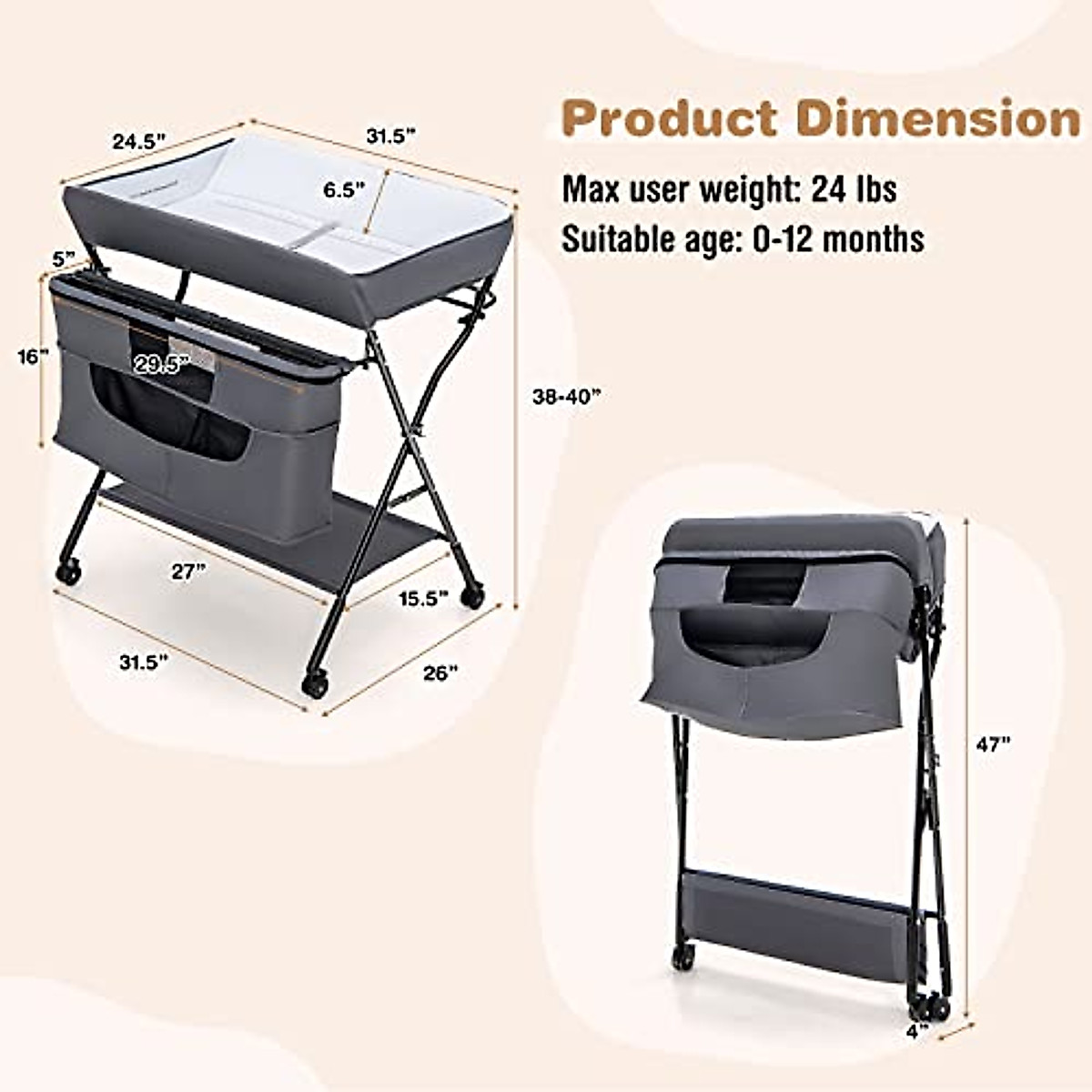 HONEY JOY Changing Table, Folding Mobile Nursery Organizer w/Wheels, Adjustable Height, Storage Bag & Open Shelf, Portable Diaper Changing Station for Newborn (Gray, 31.5"x26"x40")