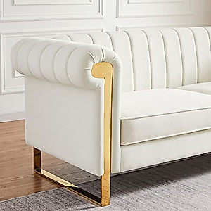 Koruiten Velvet Sofa Couch, Mid-Century Modern Couch with Arms and Removable Cushions, 84 Inch Love Seats Furniture for Living Room & Bedroom (White)