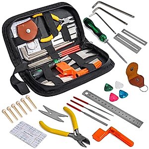 GOCOHHI Guitar Repairing Tool Kit Wire Plier,String Organizer,Fingerboard Protector,Hex Wrenches, Files, String Ruler Action Ruler, Spanner Wrench,Bridge Pins for Guitar Ukulele Bass Mandolin (26 PCS)