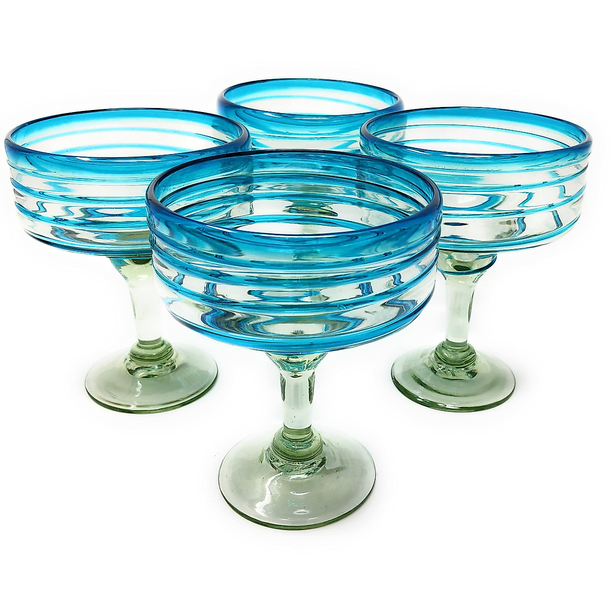 Mexican Hand Blown Glass – Set of 4 Hand Blown Margarita Glasses (16 oz) with Aqua Spiral Design