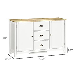 HOMCOM Sideboard Buffet Cabinet, Retro Kitchen Cabinet, Coffee Bar Cabinet with Rubber Wood Top, Drawers, Adjustable Shelves for Living Room, Entryway, White