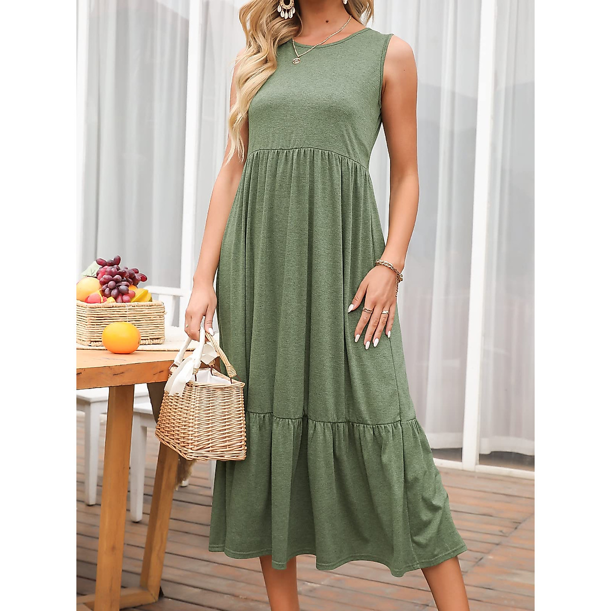 ANRABESS Women Summer Casual Sleeveless Crewneck Sundress Aline Flowy Tiered Maxi Long Beach Dress Vacation Outfits Large Green