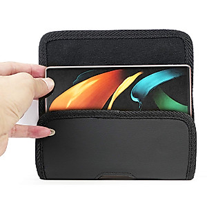 Case for Motorola Phone, Nakedcellphone Black Vegan Leather Horizontal Pouch [Metal Clip, Belt Harness, Magnetic Closure] for Moto ThinkPhone, Edge, Edge+, G Power 5G, G Play, Nokia C300/C110/G310