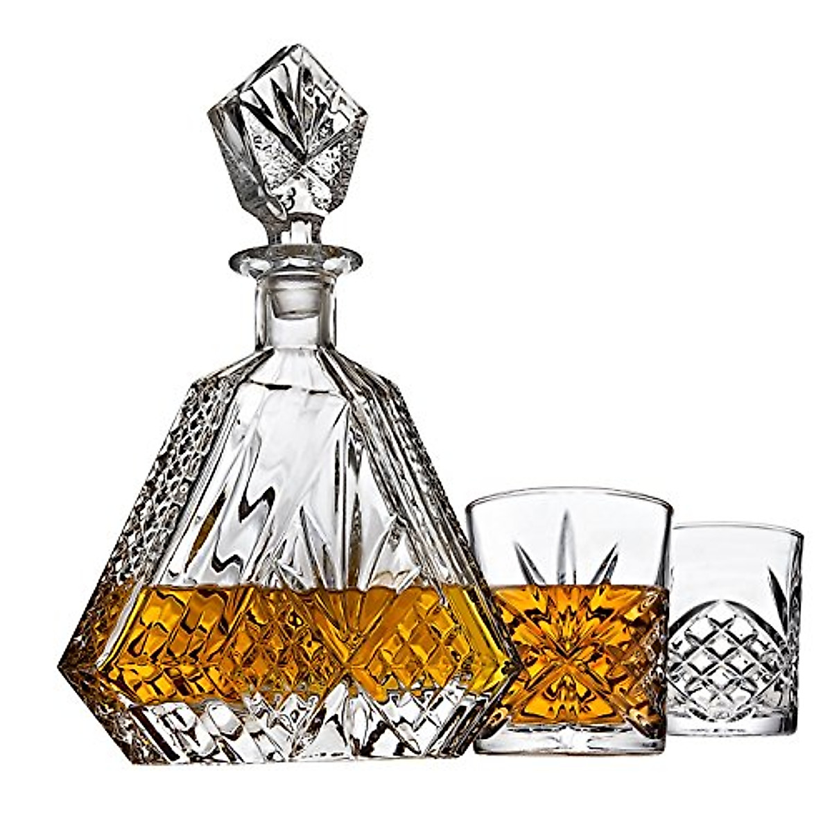 Whiskey Decanter Set with 2 Old Fashioned Whisky Glasses for Liquor Scotch Bourbon or Wine - Irish Cut Triangular Clear