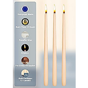12 Pack Tall Taper Candles - 10 Inch Cream Dripless, Unscented Dinner Candle - Paraffin Wax with Cotton Wicks - 8 Hour Burn Time