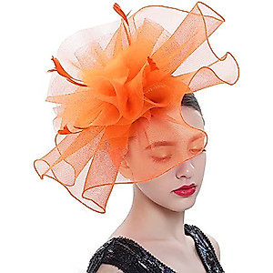ELLYDOOR Fascinator Derby Hats for Women Large Mesh Veil Fascinator Headband Church Tea Party Pillbox Hat Orange