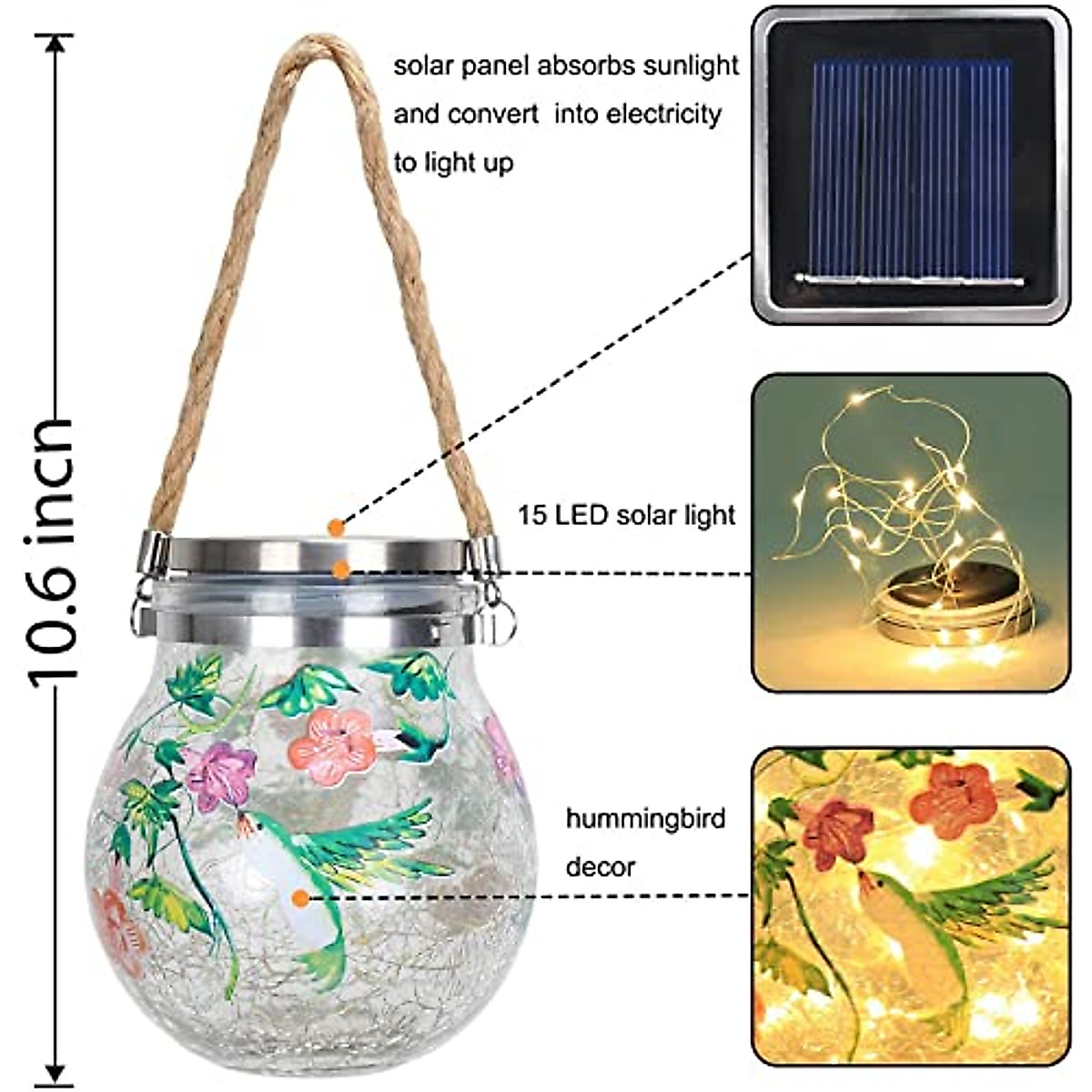 Hanging Solar Outdoor Lanterns Waterproof Crackle Glass Solar Outdoor 30 LED Lights Garden Hummingbirds Decor for Yard Lawn Garden Patio Decorations, 2 Pack