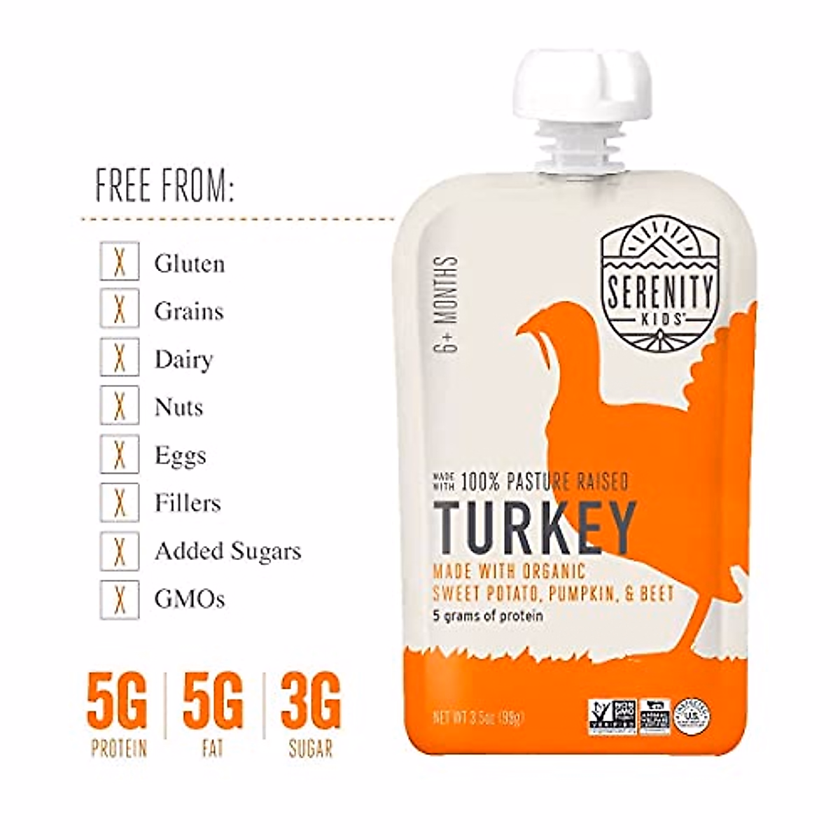 Serenity Kids 6+ Months Baby Food Pouches Puree Made With Ethically Sourced Meats & Organic Veggies | 3.5 Ounce BPA-Free Pouch | Pasture Raised Turkey, Sweet Potato, Pumpkin, Beet | 6 Count