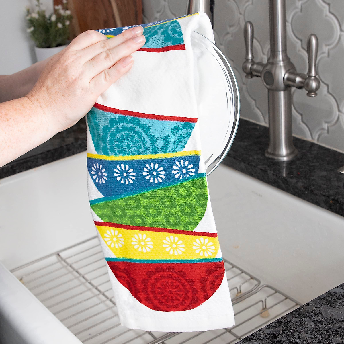 T-fal Textiles Double Sided Print Woven Cotton Kitchen Dish Towel Set, 2-pack, 16" x 26", Dish Stack Print