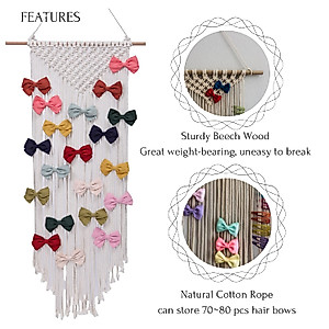 Boho Macrame Bow Holder & 20 Colors Linen Pigtail Bows | Wall Hanging Hair Clip Headband Rainbow Hanger Organizer Piggy Pig Tails Barrettes (Classic A)